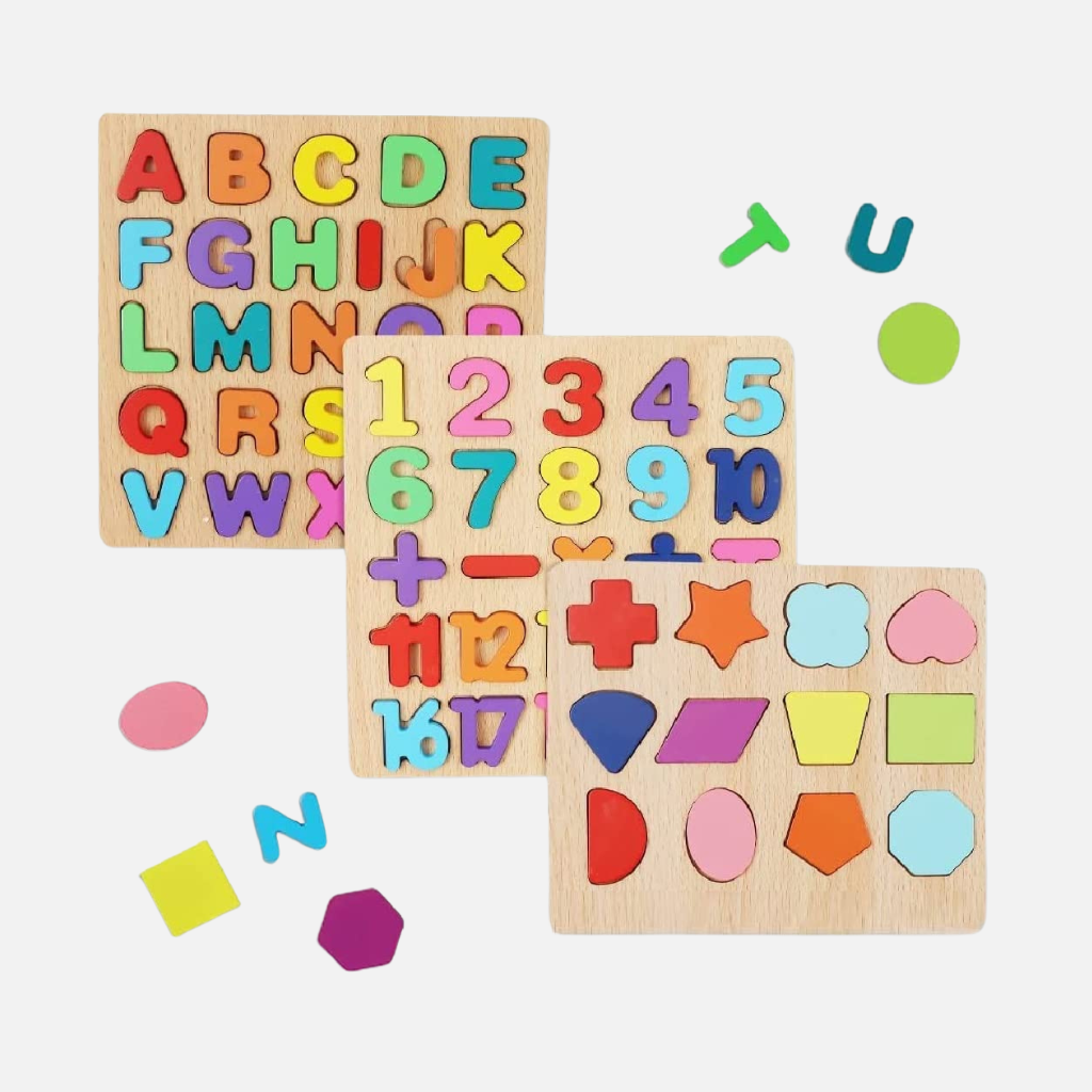 Wooden Alphabet, Number, and Shape Puzzles tray for Toddlers - 3 in on ...