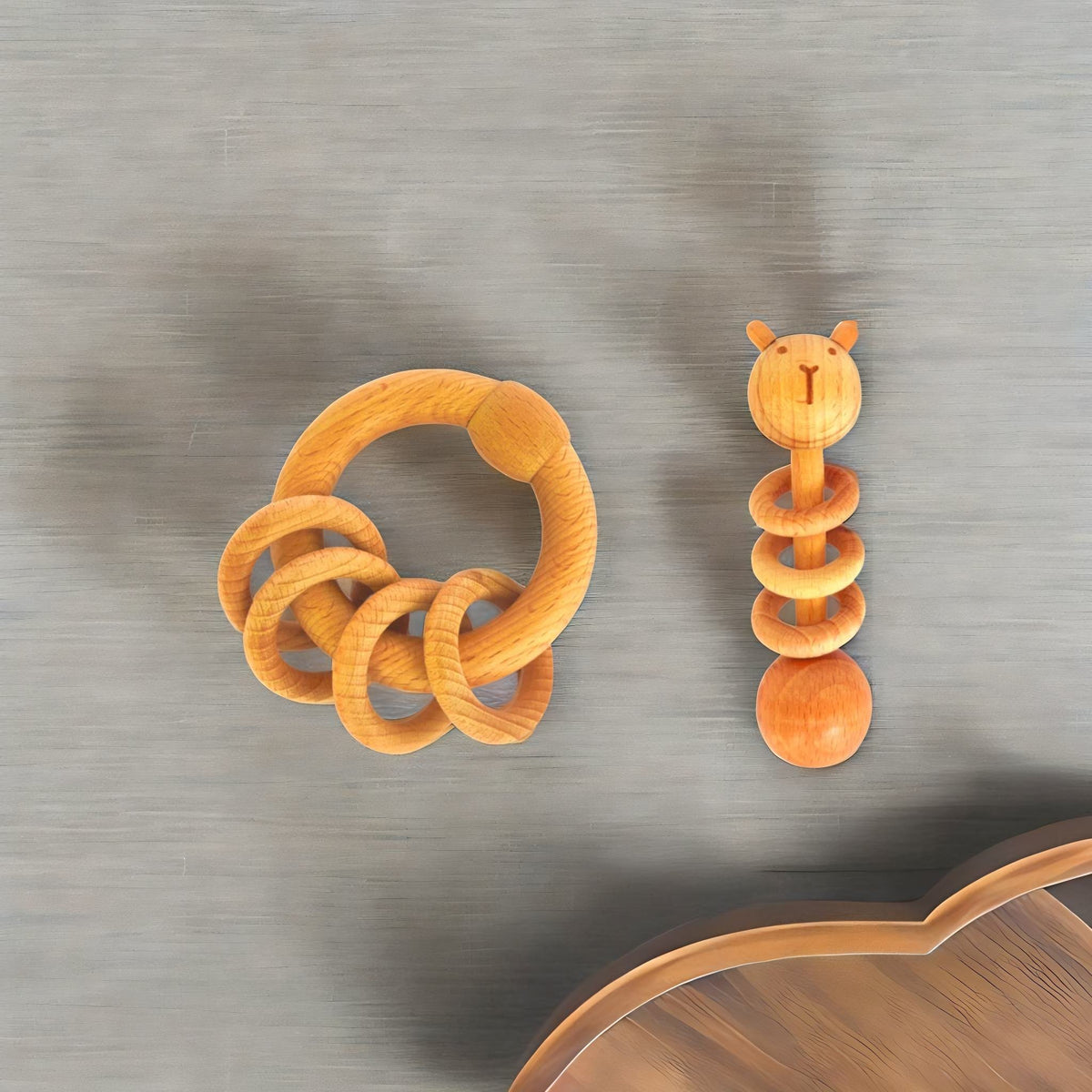 Organic Playtime Duo: Bear Dumbbell & Ring Wooden Rattles Combo – Erenjoy