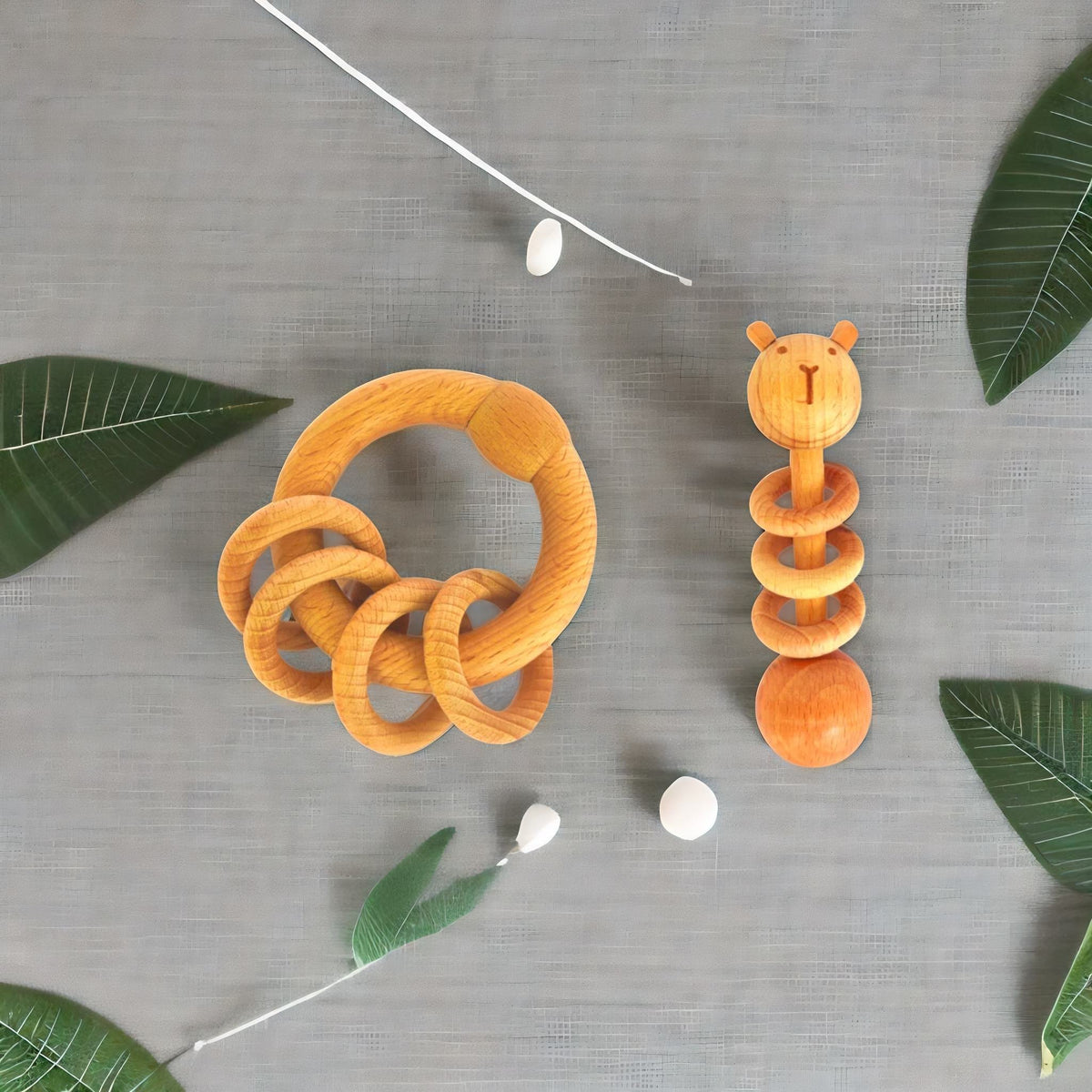Organic Playtime Duo: Bear Dumbbell & Ring Wooden Rattles Combo – Erenjoy