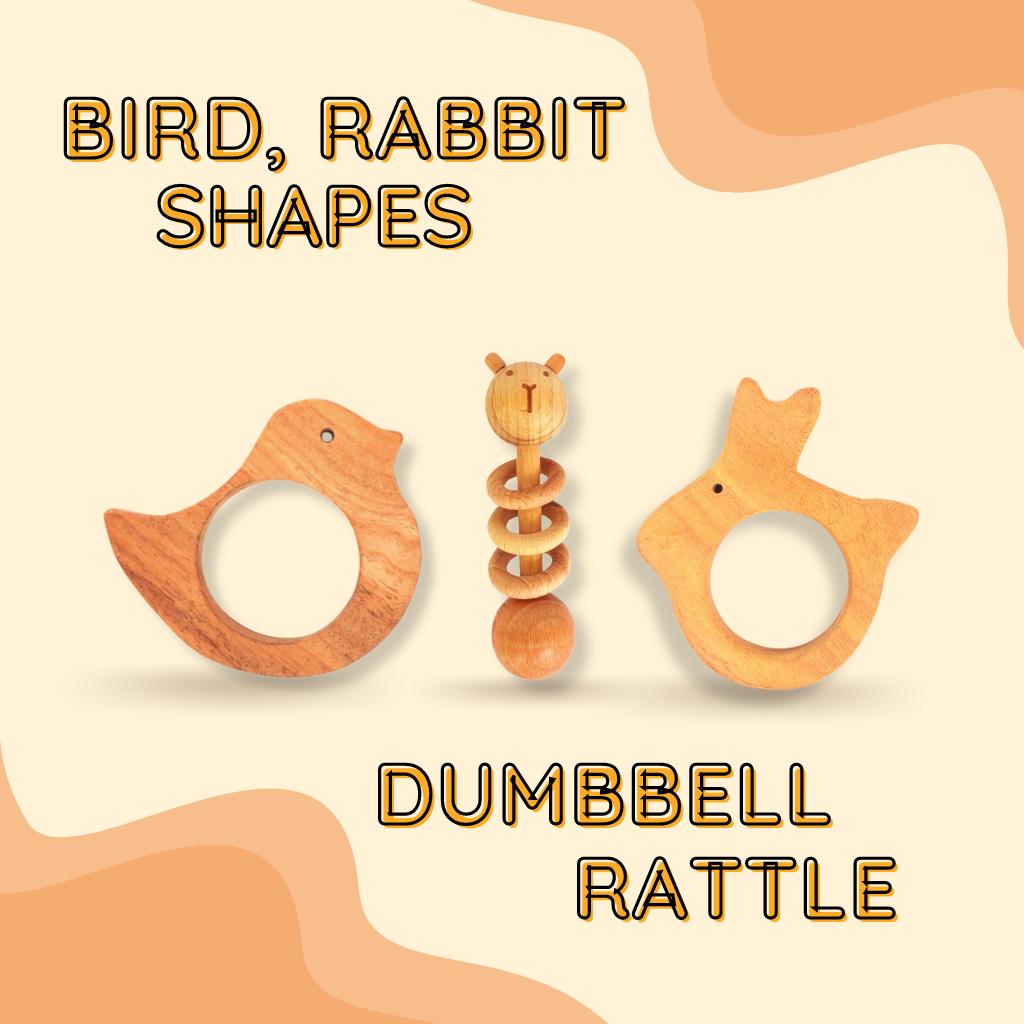 Neem Wood Teethers Rattles Combo - Bird, Rabbit, & Dumbbell – Erenjoy