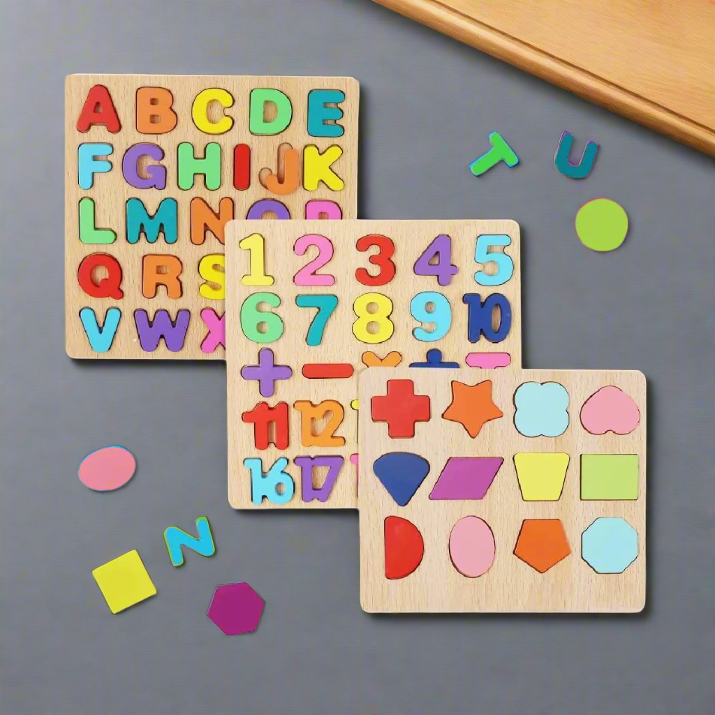 Wooden Alphabet, Number, and Shape Puzzles tray for Toddlers - 3 in on ...